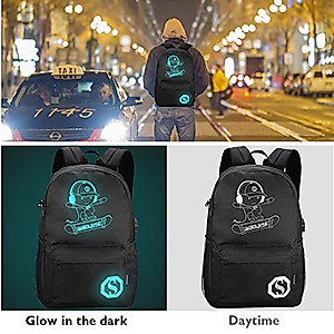 Pawsky Skateboard Anime Luminous Backpack School Backpack with USB Charging Port, Anti Theft Lock and Pencil Case for Teen Boys and Girls, College School Bookbag Lightweight Laptop Bag, Black