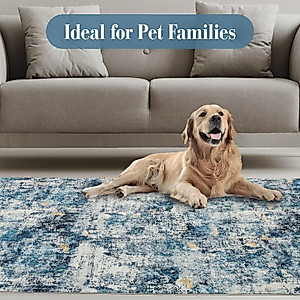 nusoarug 5x7 Modern Thick Pile Area Rug Machine Washable, 5' x 7' Carpet Abstract Non-Slip Area Rugs with Rubber Backing for Bedroom Kitchen Entryway Living Room Bathroom, Blue Rug