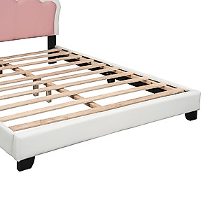 Upholstered Platform Bed, Pink Cute Cartoon Elements Princess Bed Fun Bed, Wood Full Size Bed Frame with Crown Shaped Headboard, Kids Bedroom Furniture Cute Bed Upholstered Bed