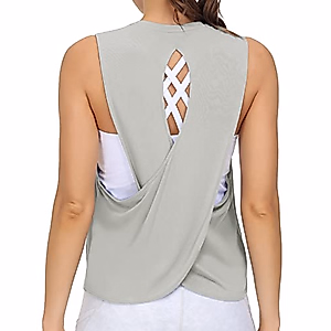 THE GYM PEOPLE Women's Open Cross Back Workout Tank Tops Loose Fit Sleeveless Yoga Running Shirts Light Grey