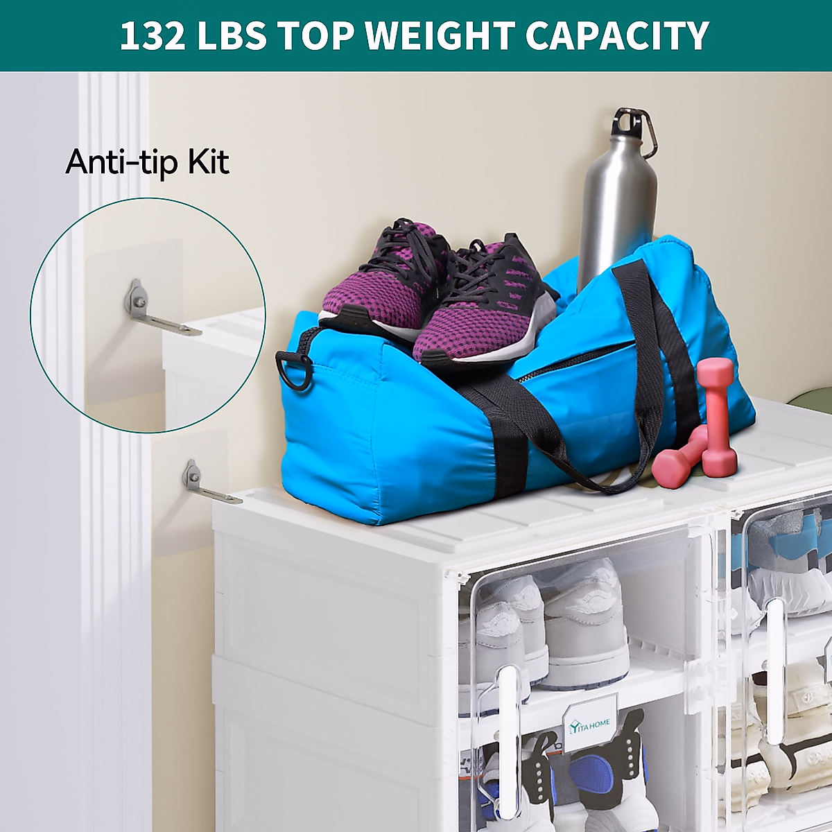 YITAHOME Shoe Storage Organizer, Foldable Shoe Box with Doors, 20 Grid Stackable Transparent Shoe Cabinet Installation-Free for Hallway, Living Room, Closet (White)