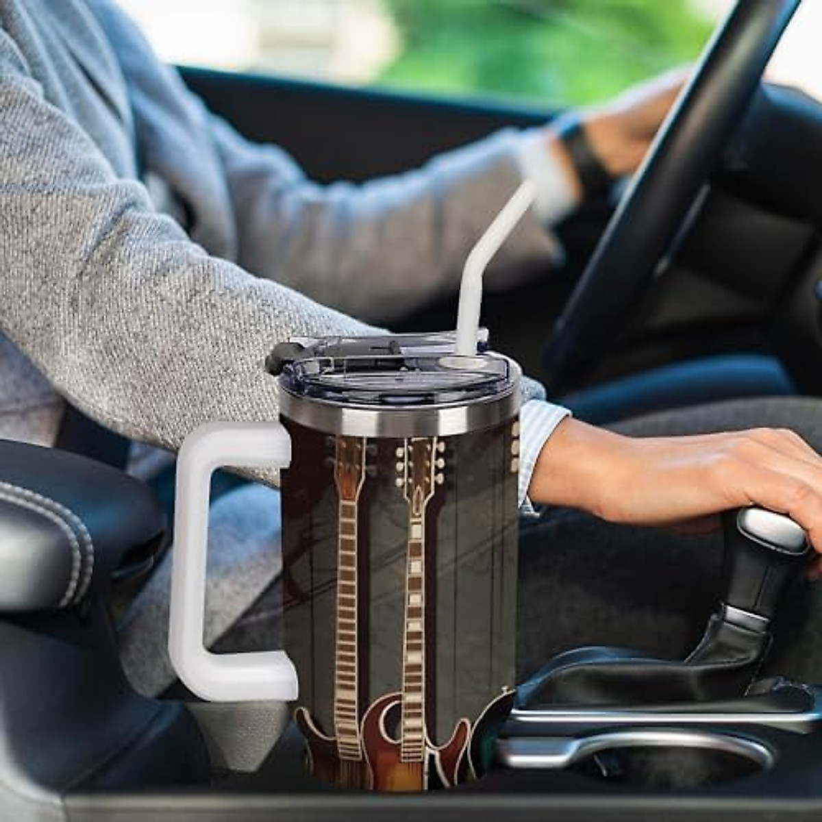 LLUTSNTH 40 Oz Vacuum Tumbler with White Handle Leakproof Insulated Tumbler Guitars Art Stainless Steel Travel Mug with Lid And Straw Coffee Cup Cute Water Bottles Cup Holder Friendly