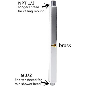 HOMEDEC Brass Shower Extension Arm with Flange,12inch Rainfall Shower Head Extender Pipe Ceiling Mount Straight Square Tube Replacement, Chrome, NPT 1/2" Threads