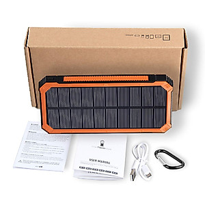 Solar Charger Power Bank, 15,000mAh External Battery Pack with Dual USB Ports and 6 LED Strong Light Flashlight，for iPhone, Smartphones, Tablets, Digital Cameras and More.