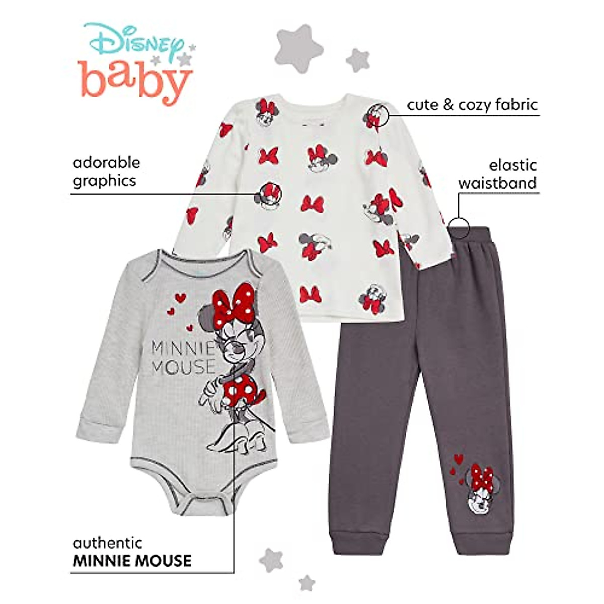 Disney Baby Girls' Jogger Set - 3 Piece Bodysuit, Long Sleeve Shirt Fleece Pant Set: Minnie Mouse, Winnie the Pooh (0-4T), Size 3T, Minnie Red/Charcoal