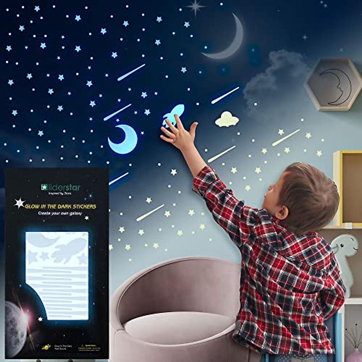 Glow in The Dark Stars for Ceiling, Outer Space Blue Wall Stickers,Galaxy Universe Wall Decal Shooting Stars Rockets,508 Pcs for Kids Boys Girls Bedroom Nursery Playroom Room Decoration