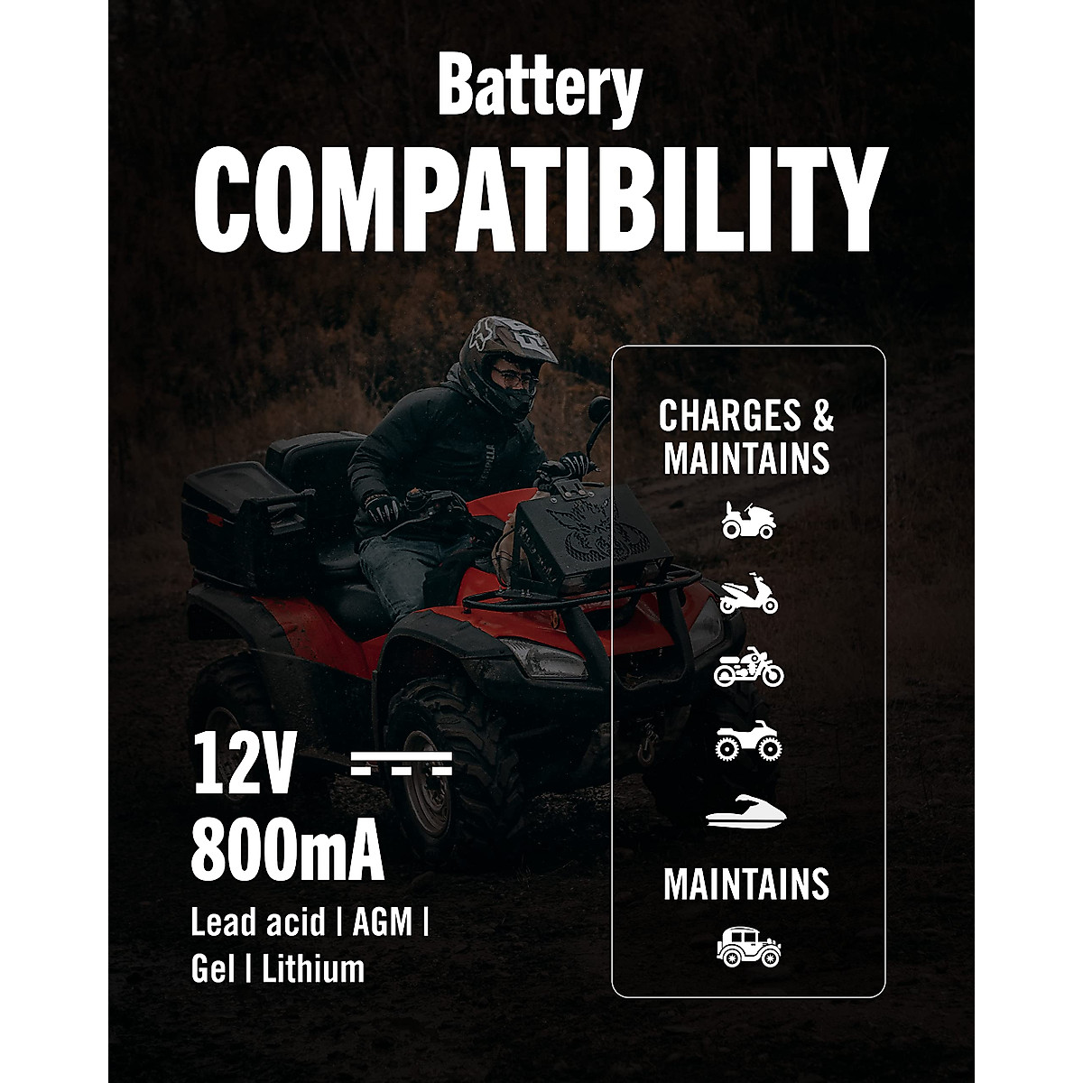 Battery Tender Junior 12V, 800mA Battery Charger and Maintainer for Lead Acid and Lithium Batteries - Switchable Battery Charger for Powersports - 022-0199-DL-WH