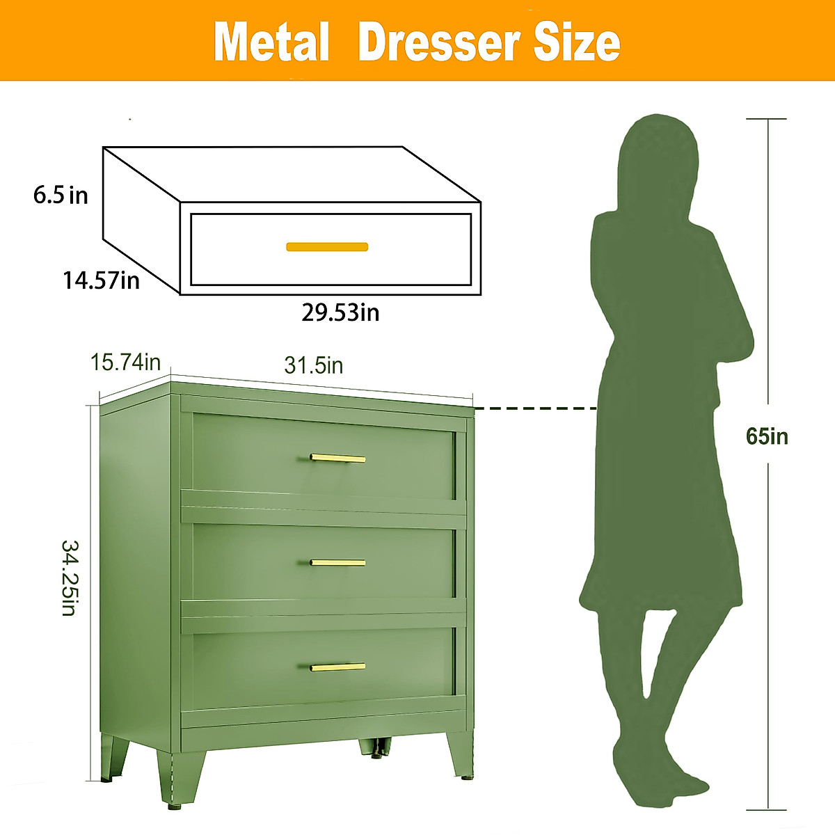 Dresser for Bedroom Drawer Organizer Storage with 3 Drawers,34.25" H Storage Cabinet Metal Storage Drawers,Closet Storage,Drawer Chest and Closet Organizers Matcha Green