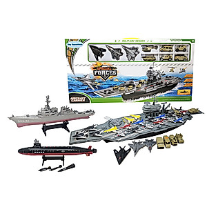 Toy Aircraft Carrier Submarine Destroyer Ship Combo with Military Vehicles and Fighter Jets