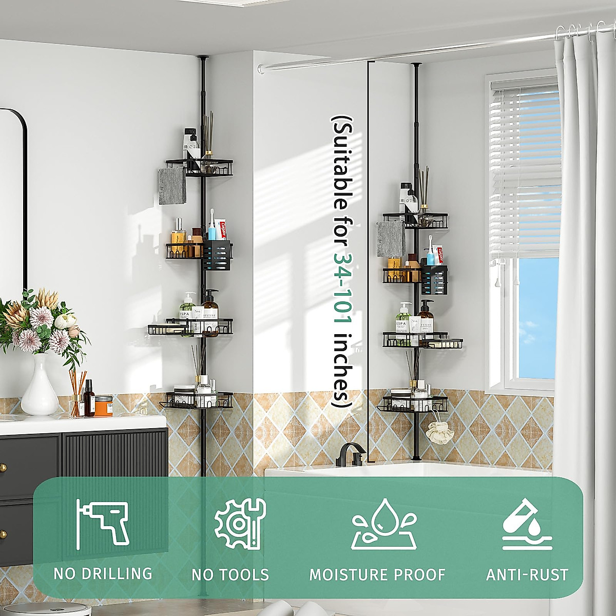 ksdenuov Corner Shower Caddy Tension, Adjustable 34-101 Inches Shower Caddy Tension Pole, 4-Tier Rust-Resistant Freestanding Shower Caddy With Rod, Suitable for Bathtub and Shower Organizer - Black