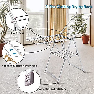 Duwee Clothes Drying Rack Clothes Airer,Foldable Clothes Horse Stainless Steel Clothes Drying Rack with Height-Adjustable Wings,Free-Standing Laundry Drying Rack for Indoor/Outdoor