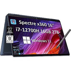 HP Spectre x360 16" 2-in-1 3K QHD+ Touchscreen (Intel 12th Gen i7-12700H, 16GB RAM, 2TB SSD, Stylus) Home, Business & Creator Laptop, Long-battery life, Fingerprint, Backlit, Thunderbolt 4, Win 11 Pro