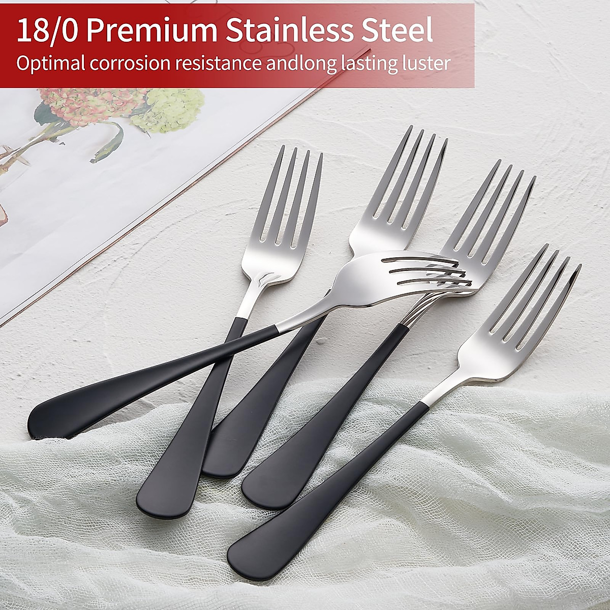 Onlycooker 24 piece Black Forks and Spoons Silverware Set,Black Handle Silverware Forks and Spoons 18/0 Stainless Steel Flatware Bulk Forksand Spoons Dessert Forks and Table Spoon Set of 24