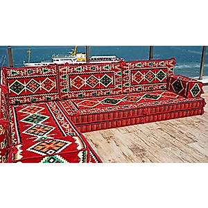 Red L Shaped Pallet Cushions, Arabic Floor Sofa Set, Oriental Floor Seating, Sectional Floor Cushion, Indoor Floor Pillows, Arabic Sofa Set (L Sofa Only)