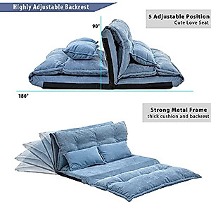 TMEOSK Double Chaise Lounge Sofa with 2 Pillows, 5-Position Reclining Folding Lazy Sofa Sleeper Bed Futon Bed Sofa Couches for Boys|Girls|Teens|Adults |Bedroom|Living Room|Balcony (Blue)