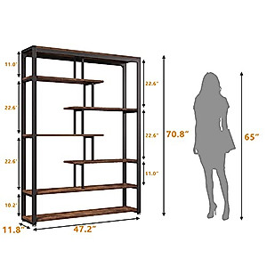 Wildhome 7-Shelves Staggered Bookshelf, 71 Inch Extra Tall Bookcase,Vintage Book Shelves Display Shelf Organizer for Office, Study Room, Living Room,(Retro Brown)