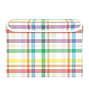 SUABO Rainbow Tartan Glen Plaid Storage Bin with Lid Large Oxford Cloth Storage Boxes Foldable Home Cube Baskets Closet Organizers for Nursery Bedroom Office