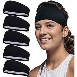 Calbeing Women Workout Black Headband with Silicone Grip(5Pack) Non Slip Sweatband Sport Hair Band for Running Exercise Gym Yoga