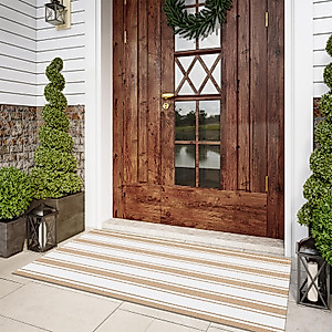 Collive Tan Outdoor Rug, 2x4.3 Striped Front Door Rug Cotton Hand-Woven Reversible Welcome Mats Outdoor Layering Rug Modern Porch Rugs for Farmhouse Entryway Entrance Decor