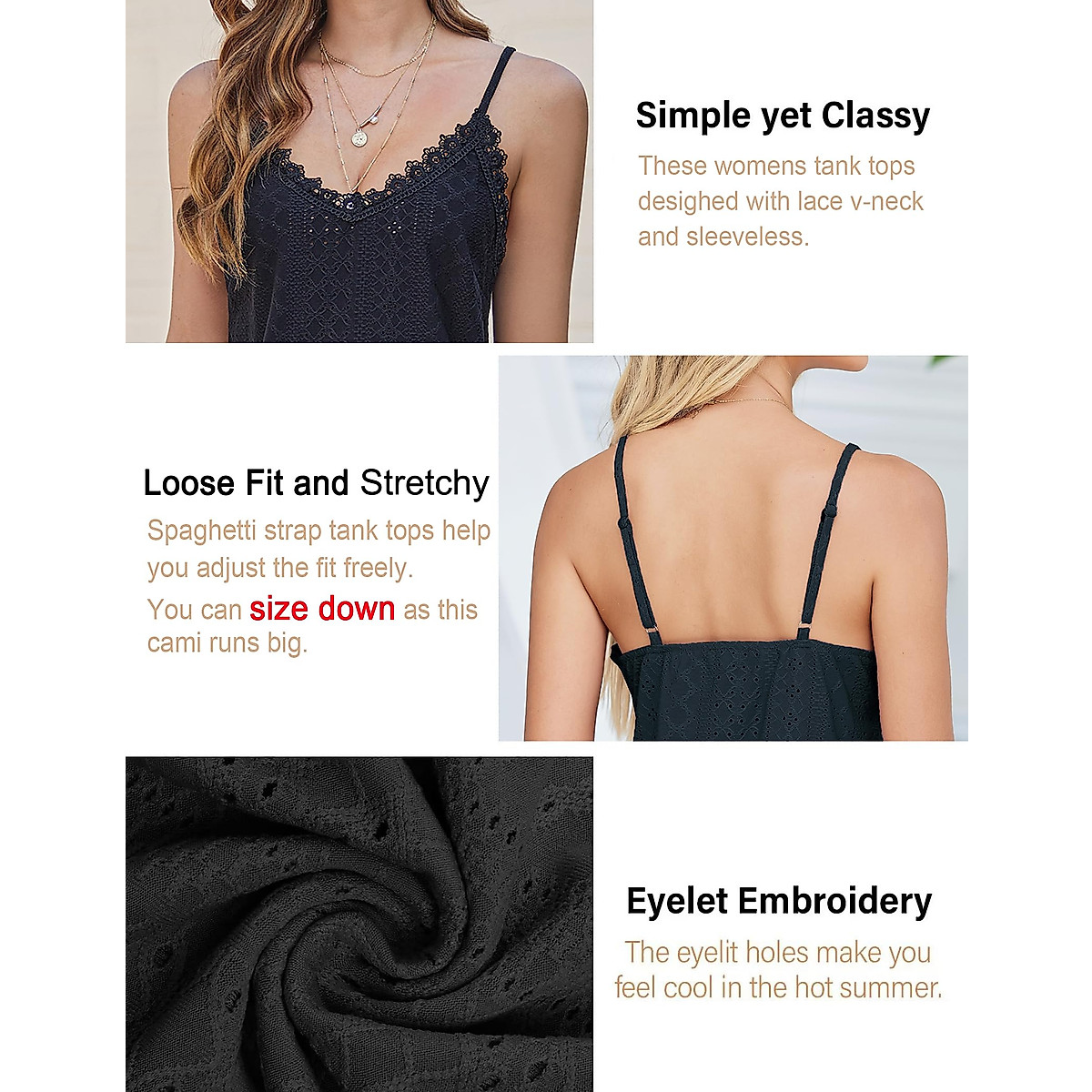 HOTOUCH Womens Tank Tops Spaghetti Strap V Neck Lace Camisole Sleeveless Summer Shirts Black