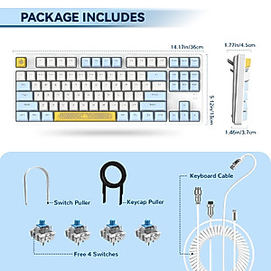 MAGIC-REFINER AK873 Gaming Keyboard,Rainbow Led Backlit,Hot-Swappable Blue Switch,PBT Keycap,75% TKL Layout,Ergonomic Mechanical Keyboard with Custom Coiled USB/Type-C Aviation Cable(Blue White)