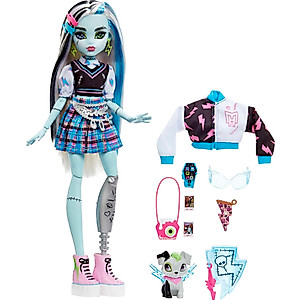 Monster High Doll, Frankie Stein with Blue & Black Streaked Hair in Signature Look with Fashion Accessories & Pet Dog Watzie