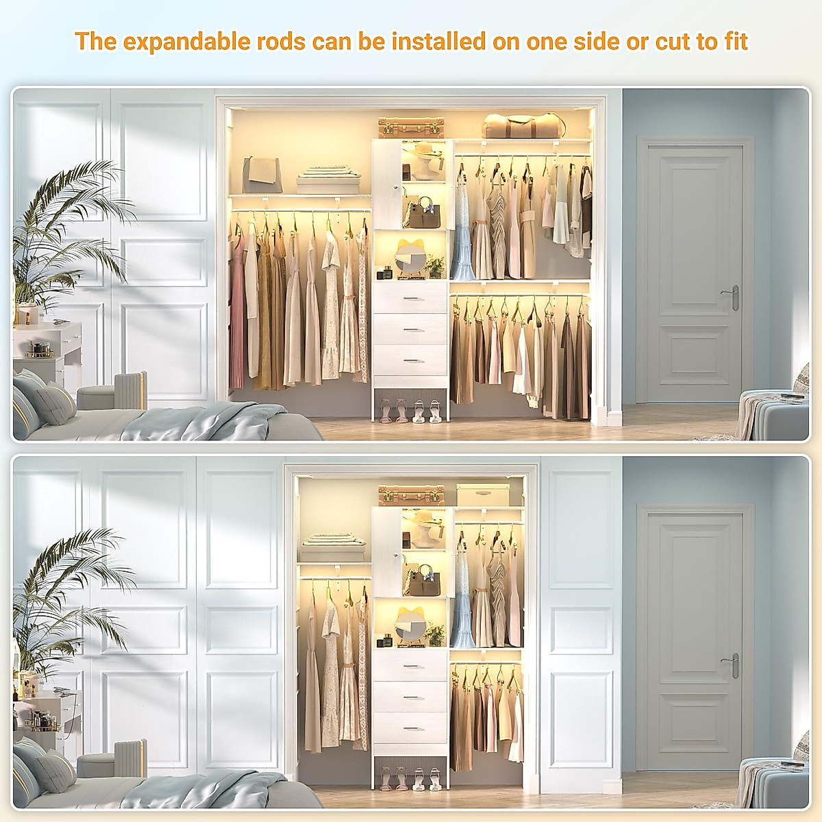 Armocity 96 Inches Closet System with Doors, 8FT Walk In Closet Organizer with 3 Shelving Towers, Heavy Duty Clothes Garment Rack with 3 Wood Drawers, 96" L x 16" W x 80" H, Max Load 1000 LBS, White