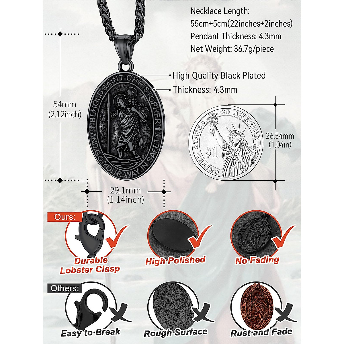 FaithHeart Black St. Christopher Necklace for Men Christian Amulet Jewelry with Stainless Steel Wheat Chain Oval Medal Pendant for Prayer