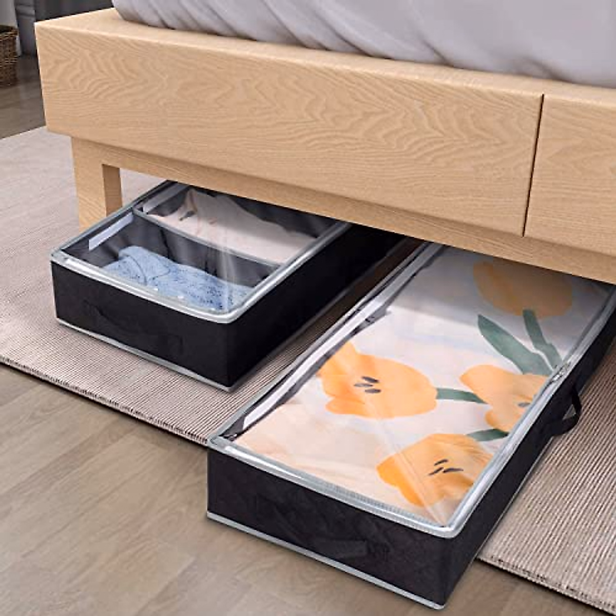 Lifewit Under Bed Clothes Organizer Large Adjustable Dividers Storage Bag with Durable Fabric, Reinforced Handle, 4 Clear Window for Clothing, Shoes, Blankets, Sweaters, Black, 2 Pack