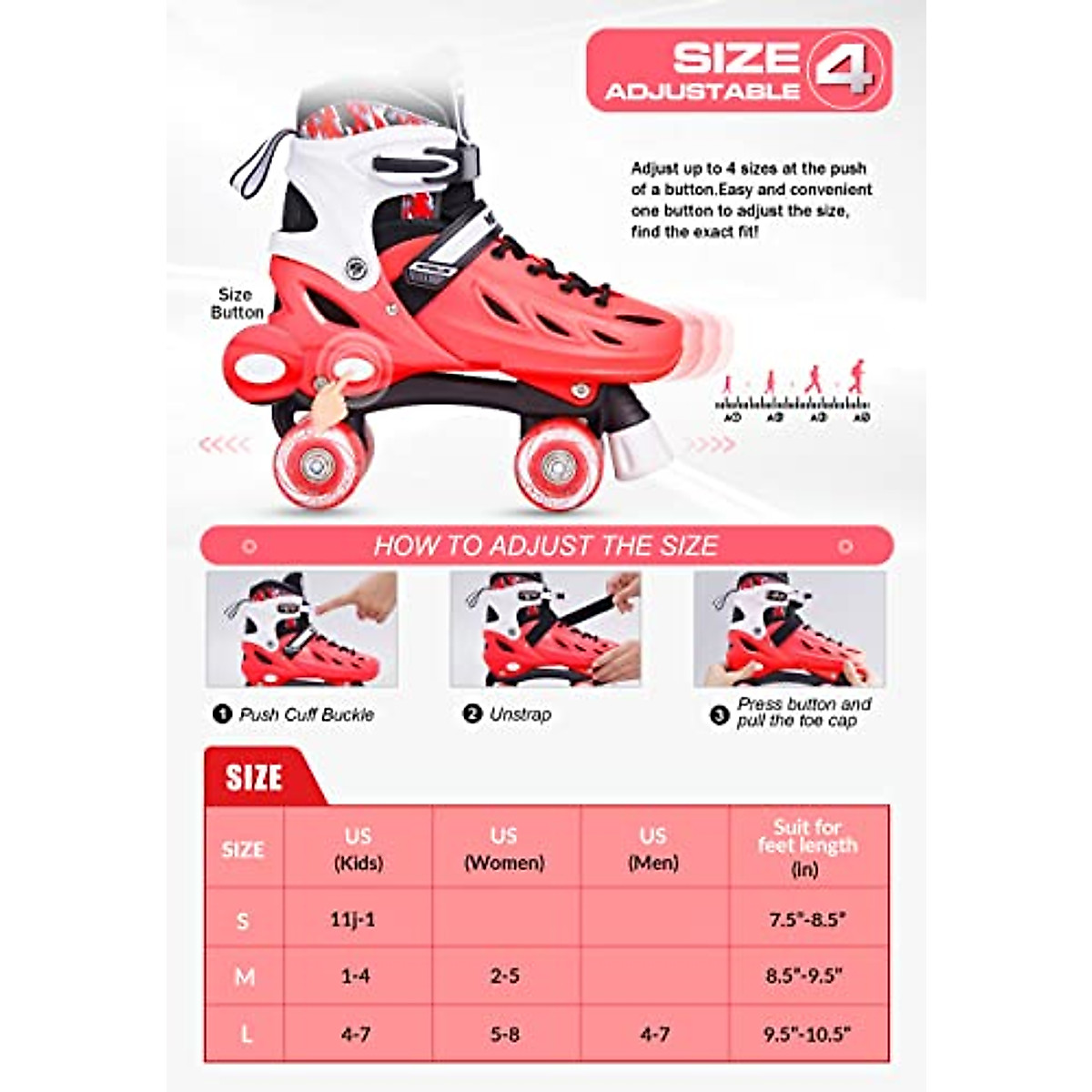 METROLLER Roller Skates for Girls and Boys Teens, Adjustable 4 Sizes for Kids Toddler Rollerskates with Light up Wheels, for Youth Women and Men