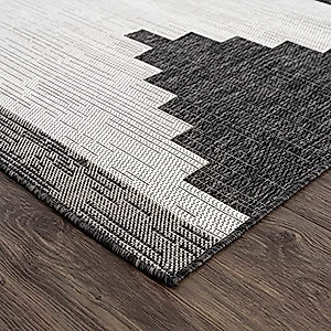 Hauteloom Djugun Outdoor Area Rug - Outside Porch Patio Rug Carpet - Waterproof Rug - Geometric - Black, Gray, Off White, White - 7'10" x 10'2"