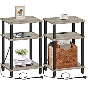 TUTOTAK Set of 2 End Table with Charging Station, Side Table with USB Ports and Outlets, Nightstand, 3-Tier Storage Shelf, Sofa Table for Small Space TB01BG0422