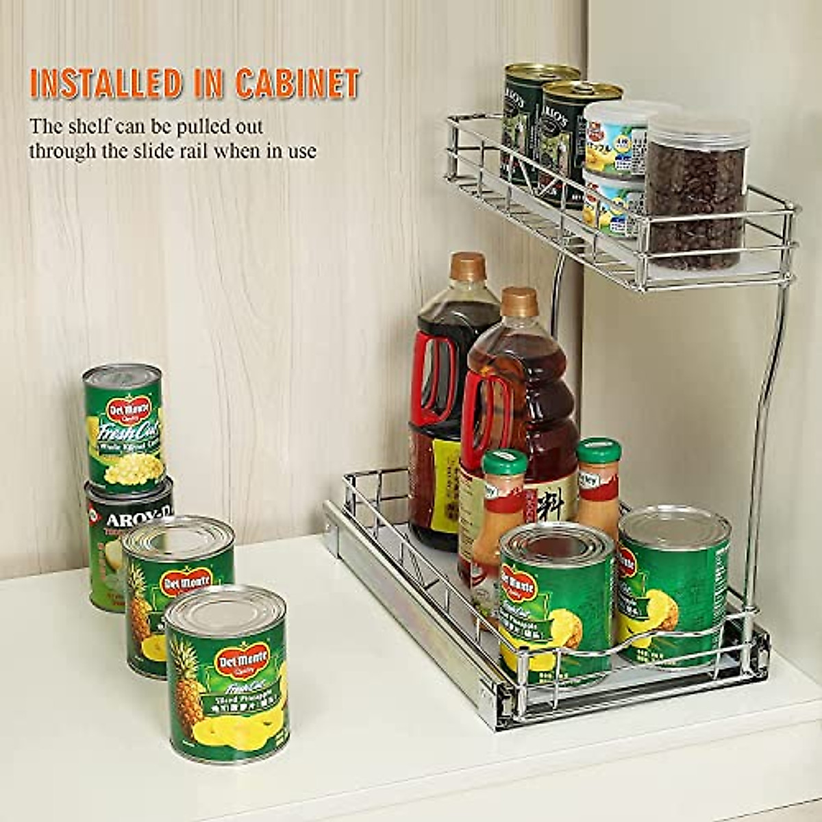 TQVAI Pull Out Cabinet Drawer Organizer, 2 Tier Kitchen Cabinet Roll Out Storage Shelves, Slide Wire Shelf Basket - Request at Least 12 inch Cabinet Opening, Half Top