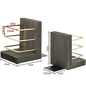 MyGift Vintage Gray Solid Wood Decorative Bookends for Shelves with Brass Metal Wire Pencil Holder Stationary Organizer Slots, 1 Pair