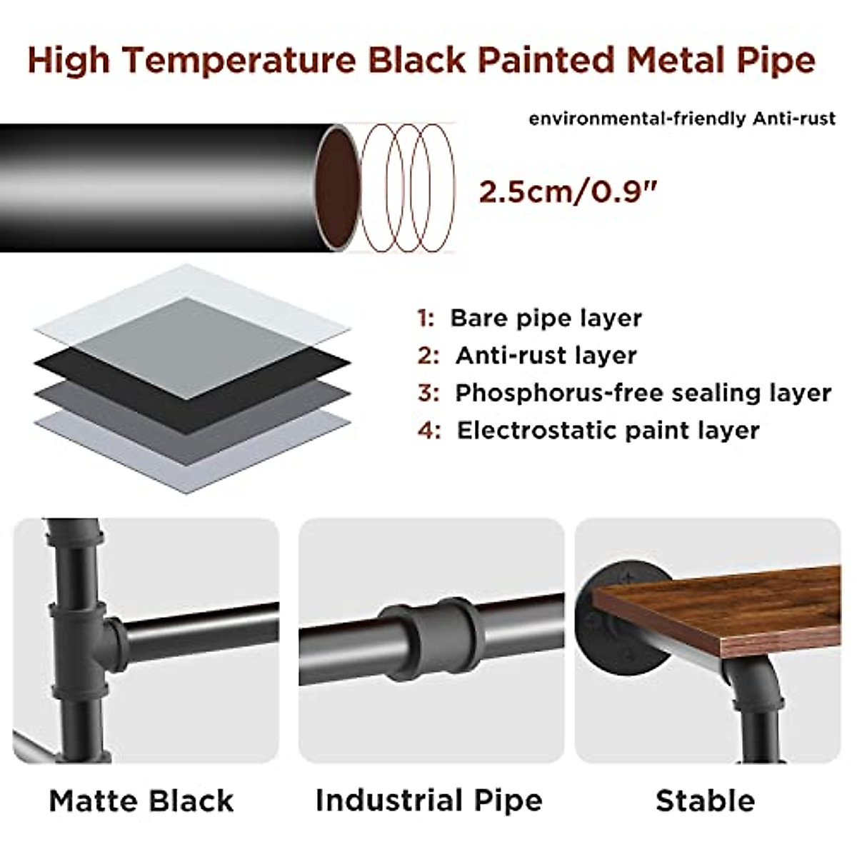 MOUTIK Top Shelf Clothes Hanging Rack: Industrial Pipe Wall Mounted Retail Garment Racks with Wood Floating Shelves - Heavy Duty Display Clothing Hanger Rod for Closet Coat Storage