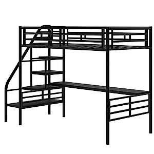 Metal Loft Bed Frame for Boys Girls Kids Adults Toddler with Desk, No Box Spring Needed,Twin,Black