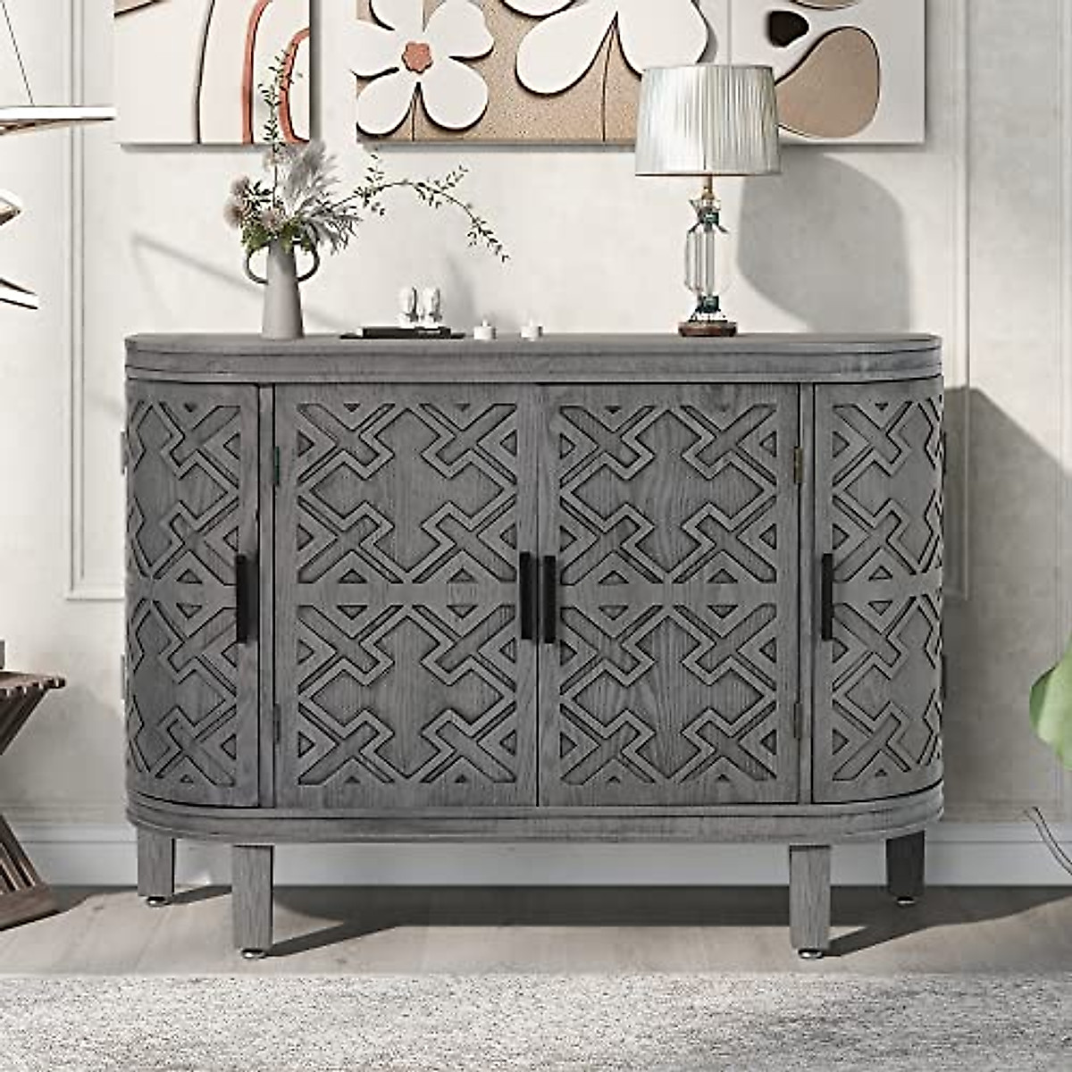 MISPACIO Grey Farmhouse Sideboard Buffet Cabinet Retro Sideboard Buffet Cabinet with Doors Wood Storage Cabinet for Living Room Entryway Kitchen