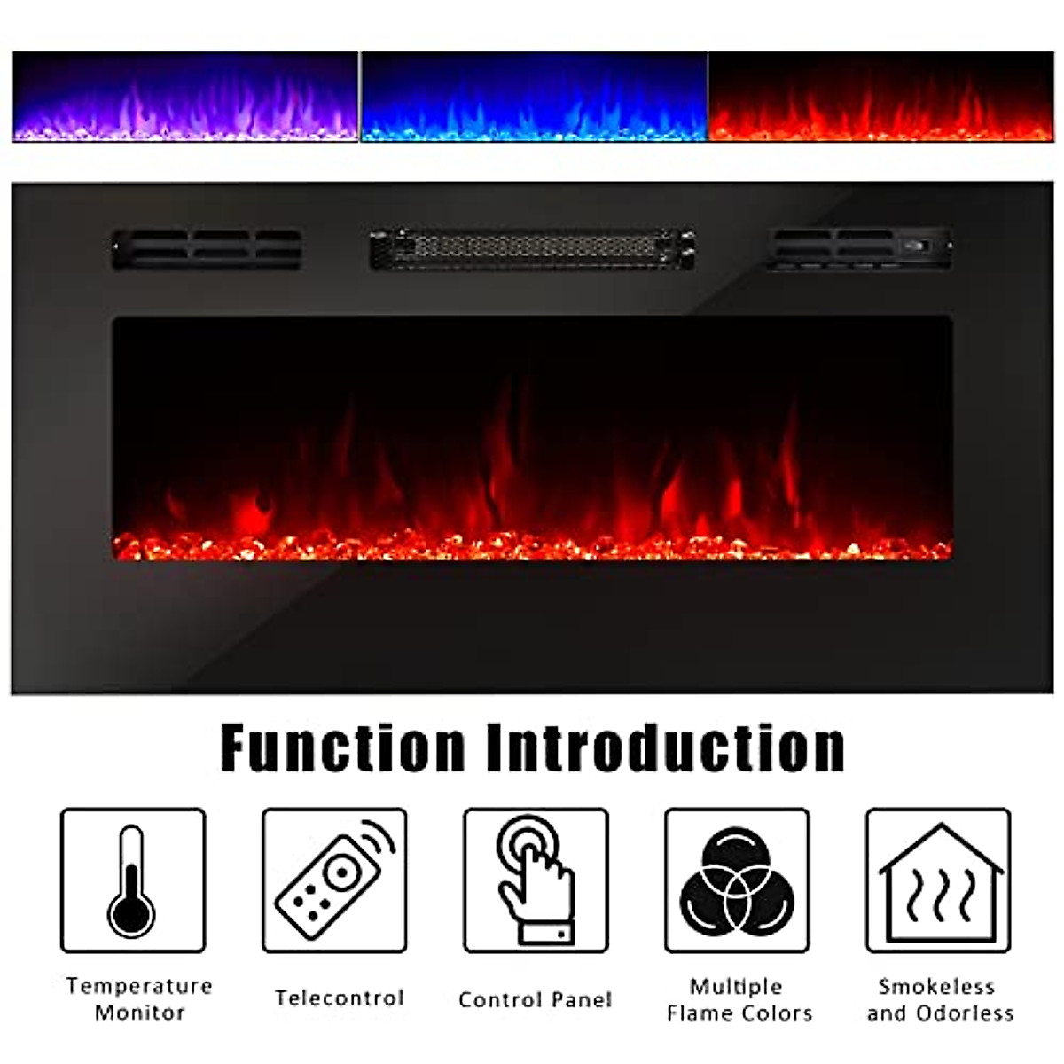 AMERLIFE Floating TV Stand with 36" Electric Fireplace, High Gloss Finish Wall Mounted Fireplace Entertainment Center with Storage for TVs Up to 78", Black