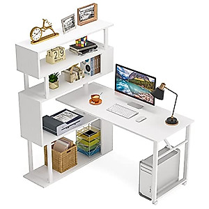 Tribesigns Rotating Computer Desk with 5 Shelves Bookshelf, Modern L-Shaped Corner Desk with Storage, Reversible Office Desk Study Table Writing Desk on Wheels for Home Office (White)