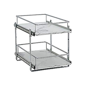 Household Essentials Faux Marble C53345-1 Glidez 2-Tier Kitchen Cabinet Organizer | Pull Out Shelves for Storage | 22 in D x 14.5 in W x 17 in H Wide