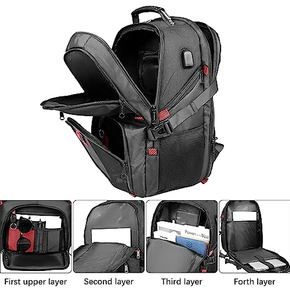 Extra Large Travel Backpack, 45L Large Laptop Backpacks for Men, Big Capacity Laptop Computer College Backpack TSA Airline Approved Business Work Bag With USB Charging Port, Gifts For Him Men, Black