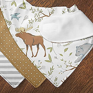 Sweet Jojo Designs Woodland Animal Toile Boy Girl Baby Bandana Bibs Newborn Infant Feeding Drool Blue Grey Green and Brown Gender Neutral Forest Animals Deer Fox 3 Pack Set Absorbent Fabric Bibdanas