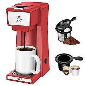 Teglu Single Serve Coffee Maker for K Cup & Ground Coffee, Single Cup Coffee Maker 6 to 14 oz, Fits Travel Mug 6.7", CM-206, Red