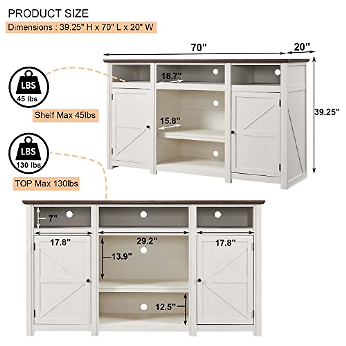 SinCiDo Farmhouse TV Stand for TVs Up to 80 inches, 39" Tall Highboy Entertainment Center w/Barn Door, Large Wood Rustic TV Console Cabinet w/Adjustable Shelves for Living Room, 70inch, White