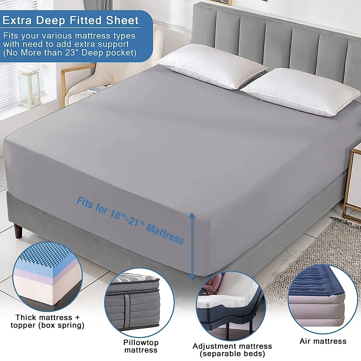 Bedecor Extra Deep Pocket Queen Fitted Sheet Only for 18 to 21 Inch Super Thick Mattress That Stay Tight,All Around Elastic Bottom,Doesn't Pop Off