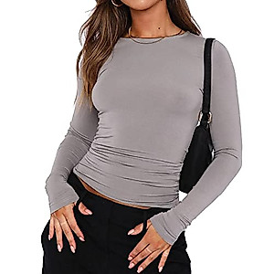 Women's Casual Basic Crop Tops Slim Fit Long Sleeve Crew Neck Solid Color Fall Pullover Shirts Tight Tee (Light Grey, S)