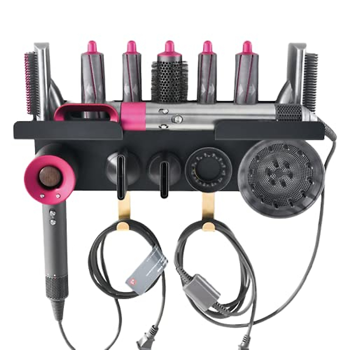 Wall Mount Holder Compatible with Dyson Airwrap Styler, No Punching Installation, 2 in 1 Organizer Storage Shelf Fits Curling Iron Wand Barrels Brushes Diffuser Nozzles for Home Bedroom Bathroom