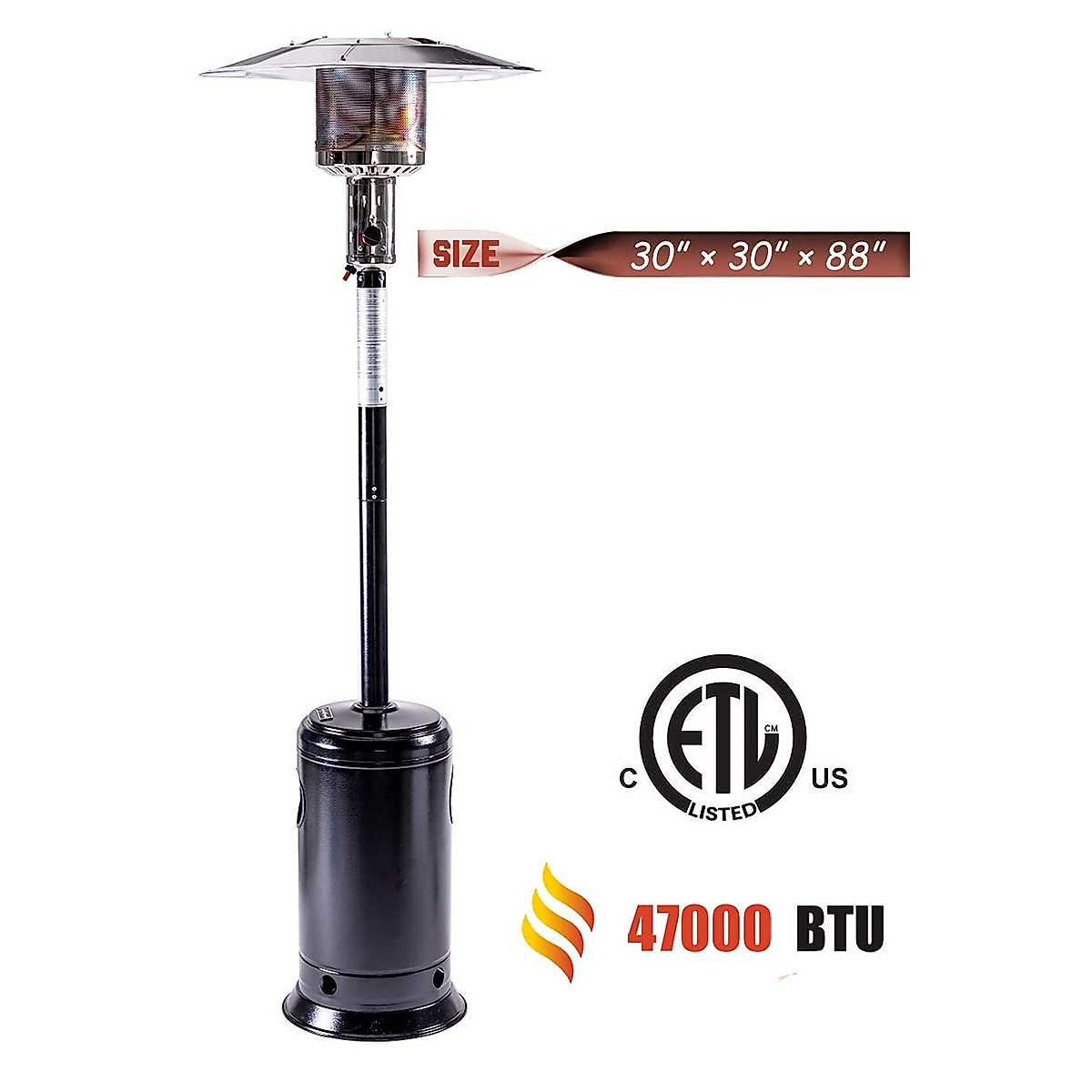47000 BTU Outdoor Propane Patio Heater, Stainless Steel Burner, with Anti-tilt and Flame-out Protection System, ETL Certified, 10-foot Radius Heat Reflector, Add Warmth and Ambience to Backyard, Party