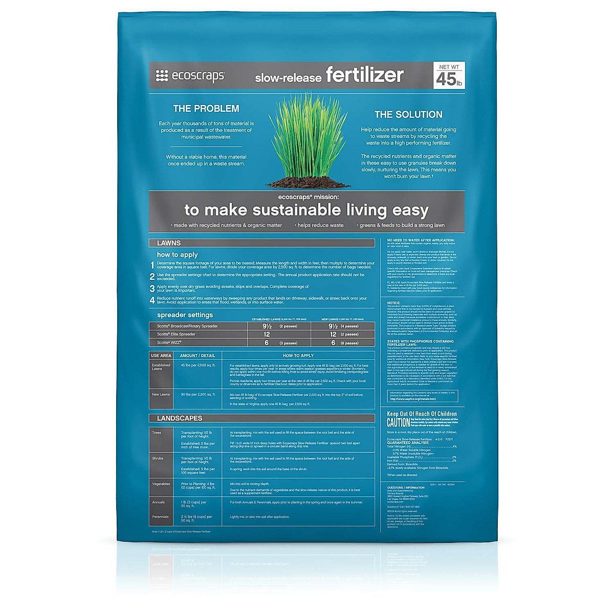 EcoScraps Slow-Release Fertilizer, Made with Recycled Nutrients and Organic Matter, Covers up to 2,500 sq. ft., 45 lbs.