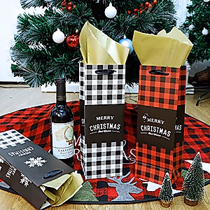 Lulu Home Christmas Bottle Gift Bags, Set of 12 Buffalo Plaid Wrapping Bags with Golden Tissue Paper, Xmas Bottle Gift Bags with Ribbon Handles, 13.9" x 4.7" x 3.9"